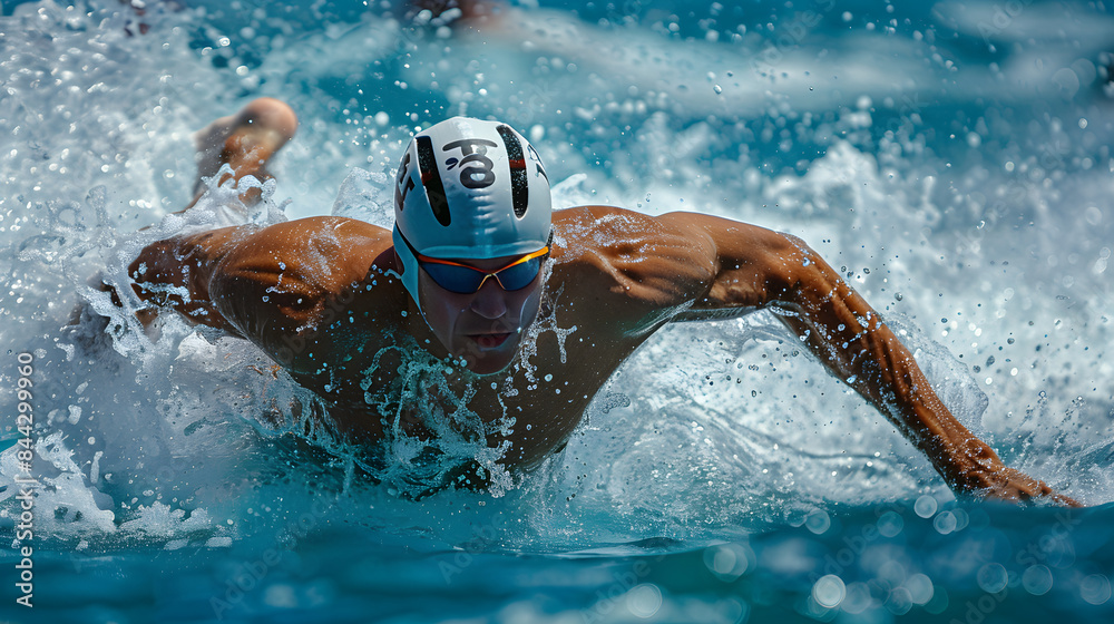 Athlete in a triathlon swims, cycles, and runs, pushing through ...