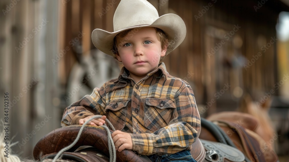 Portrait of a 3 year old boy, dressed in western attire and a cowboy ...