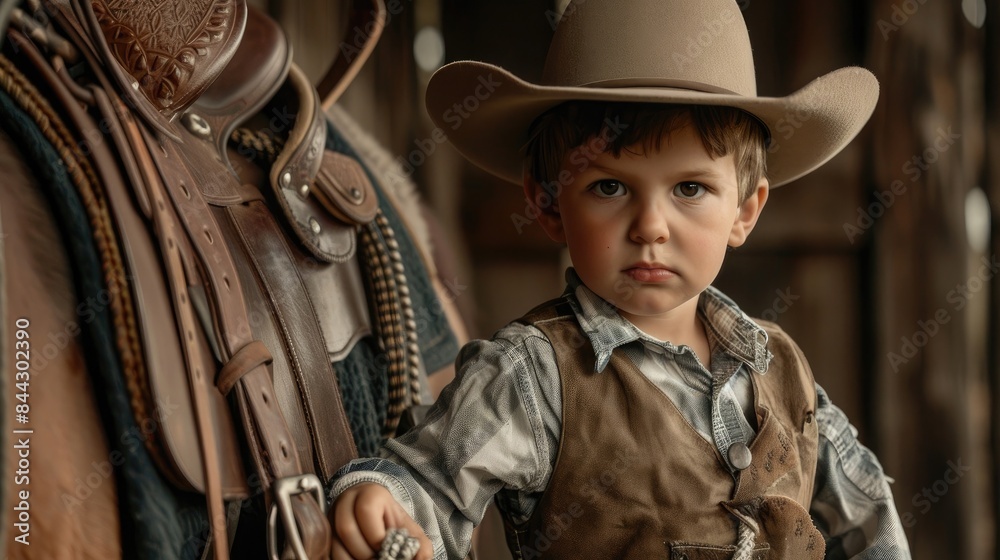 Foto de Portrait of a 3 year old boy, dressed in western attire and a ...