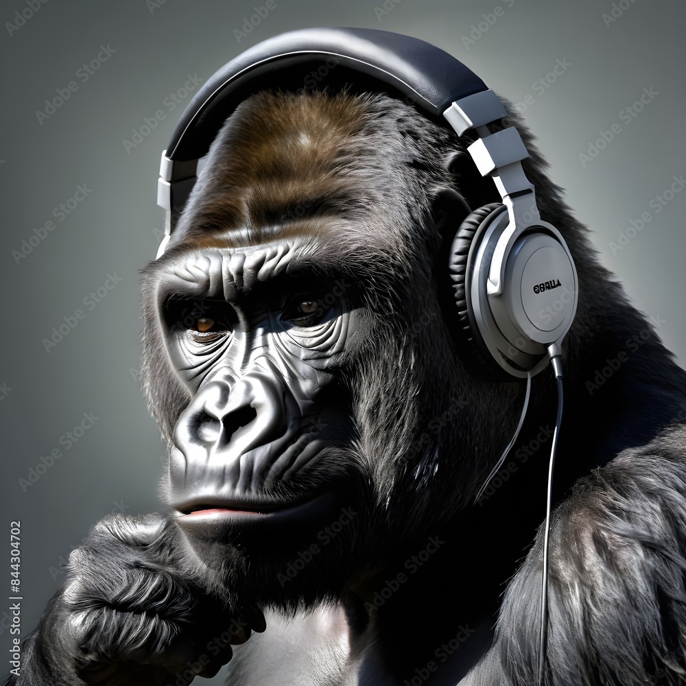 Cute and happy little monkey in headphones looks into the frame on a ...