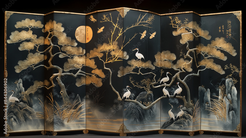 A black paper folding screen in the Chinese style, with golden and dark ...