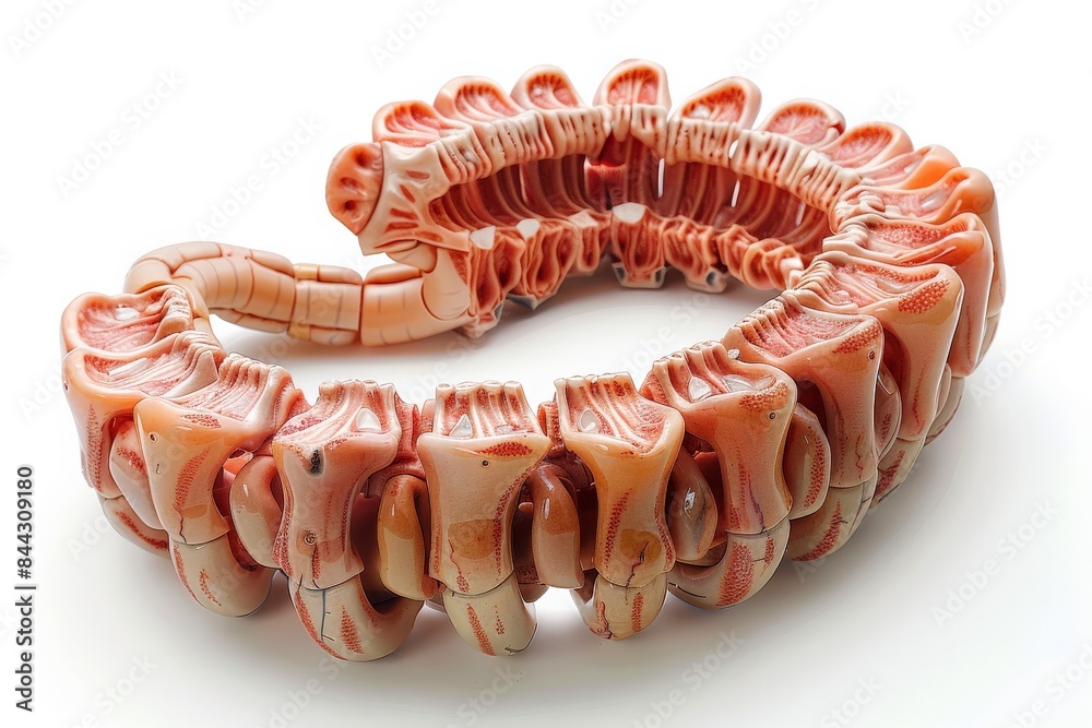 A plastic model of the colon, highlighting its sections, including the ...