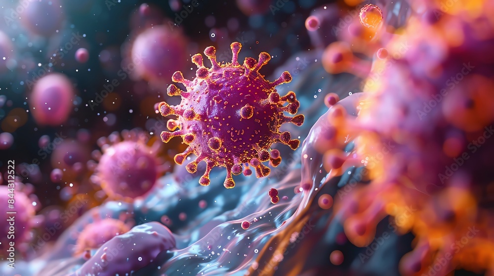 Microscopic view of a virus particle showing its structure and ...