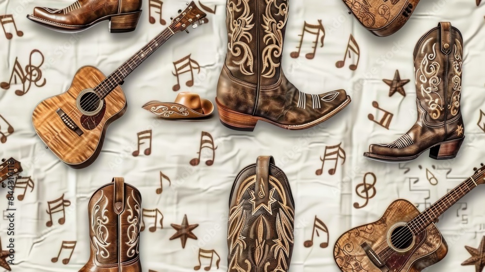 Musical notes. The acoustic guitar is detailed with realistic textures ...