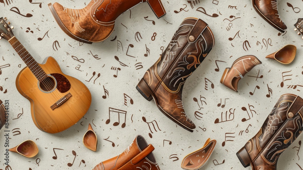Musical notes. The acoustic guitar is detailed with realistic textures ...