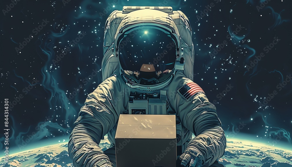 Astronaut in space suit holding a package in outer space with Earth in ...