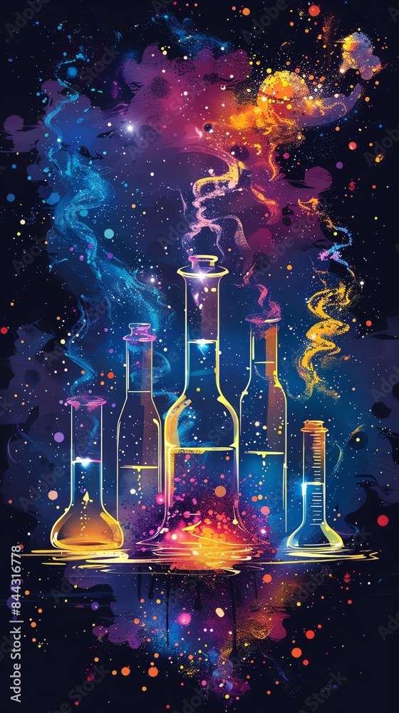 panoramic view of a surreal chemistry world where test tubes swirl like ...