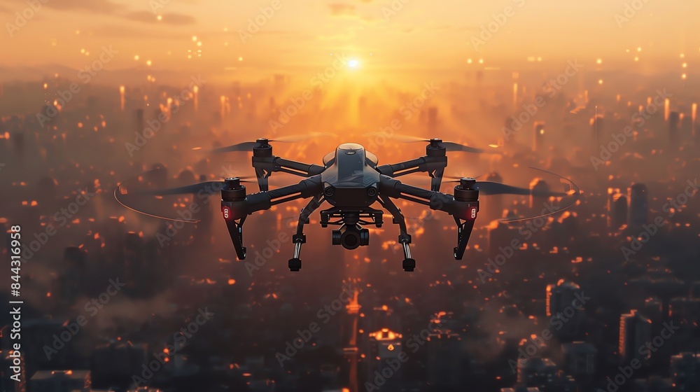 sleek silhouette of a modern drone hovering at a tilted angle, casting ...