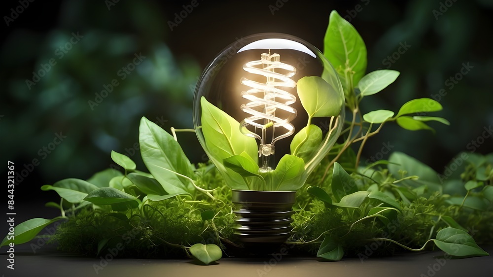 Visualize a glowing light bulb intertwined with lush green leaves and ...