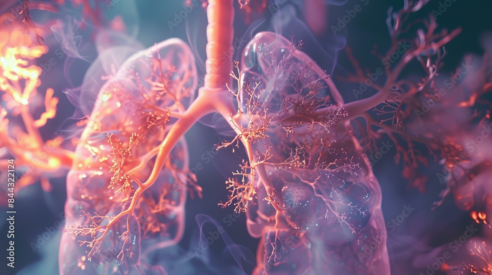"Detailed close-up scientific illustration of human lungs, highlighting ...