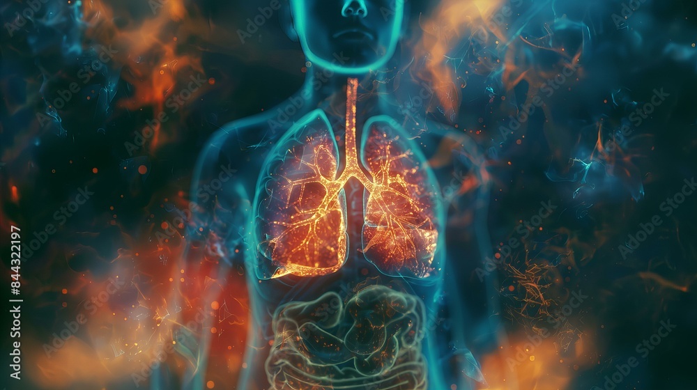 "Detailed close-up scientific illustration of human lungs, highlighting ...