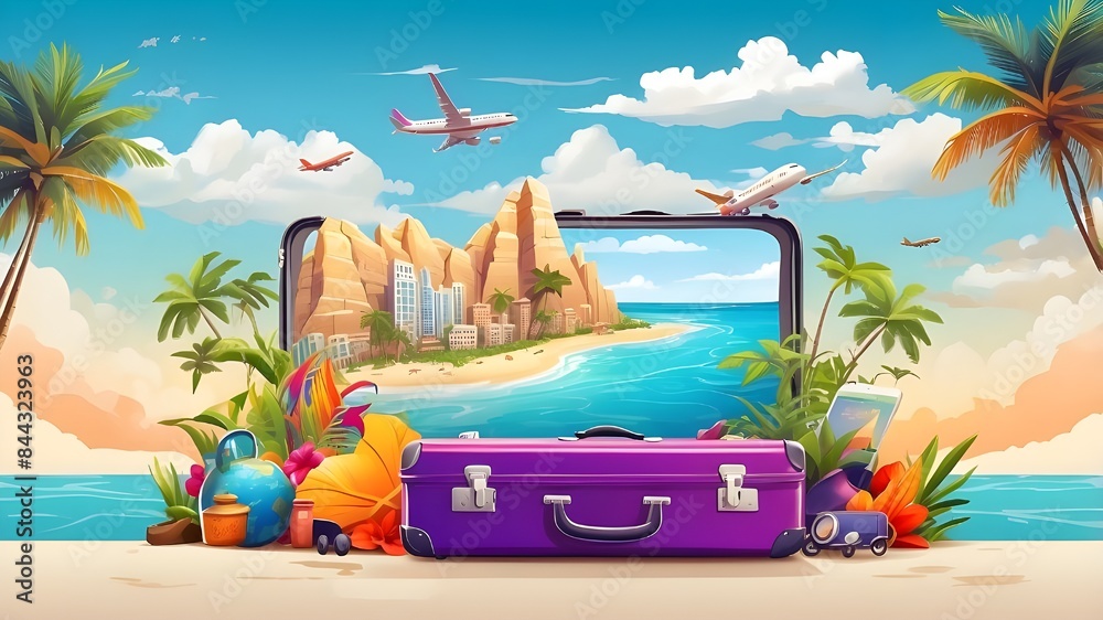 Illustrate a vibrant vacation travel time banner displaying an open ...