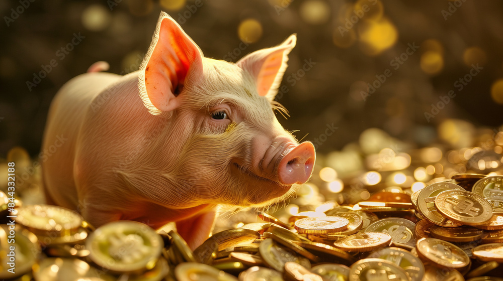 The pig, surrounded by a mountain of shiny gold coins, appears in the ...