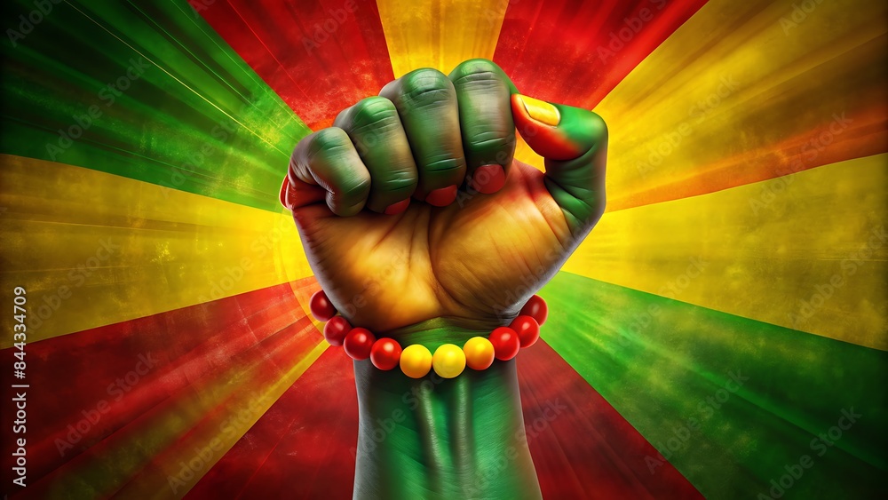 Raised fist ( ) adorned in red, yellow, and green against a celebratory ...