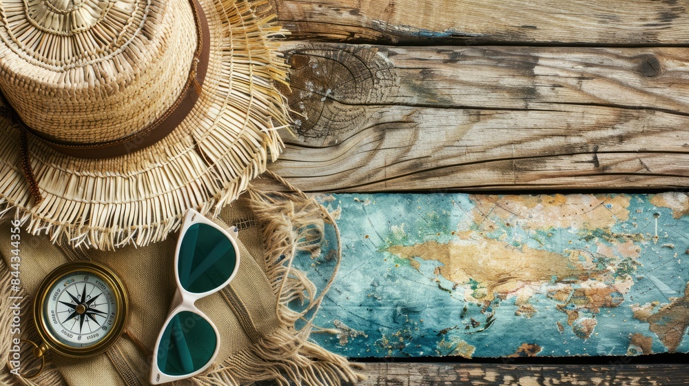 A stylish display of a hat, compass, sunglasses, and a map on a wooden ...