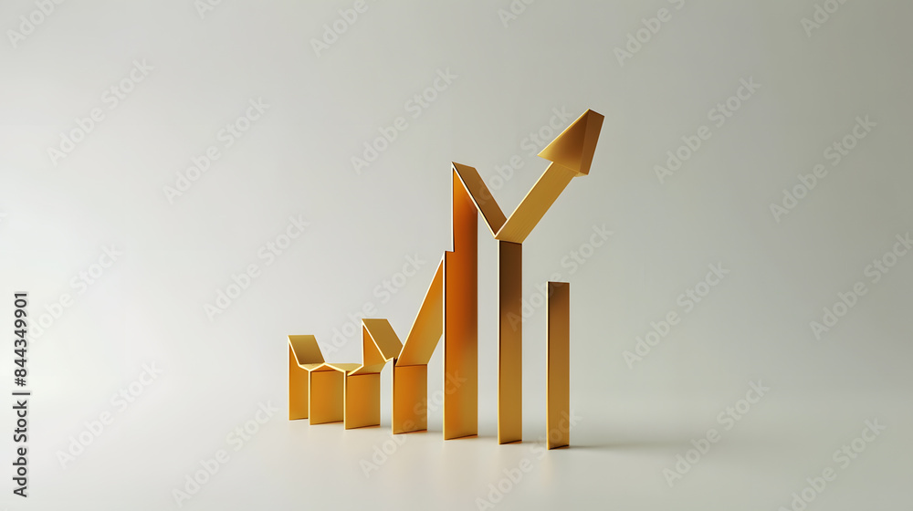 3D render of a gold bar chart with upward arrow on a simple white background symbolizing growth ...