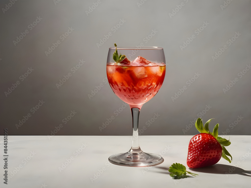 Strawberry alcoholic cocktail on white background with shadows. Summer ...