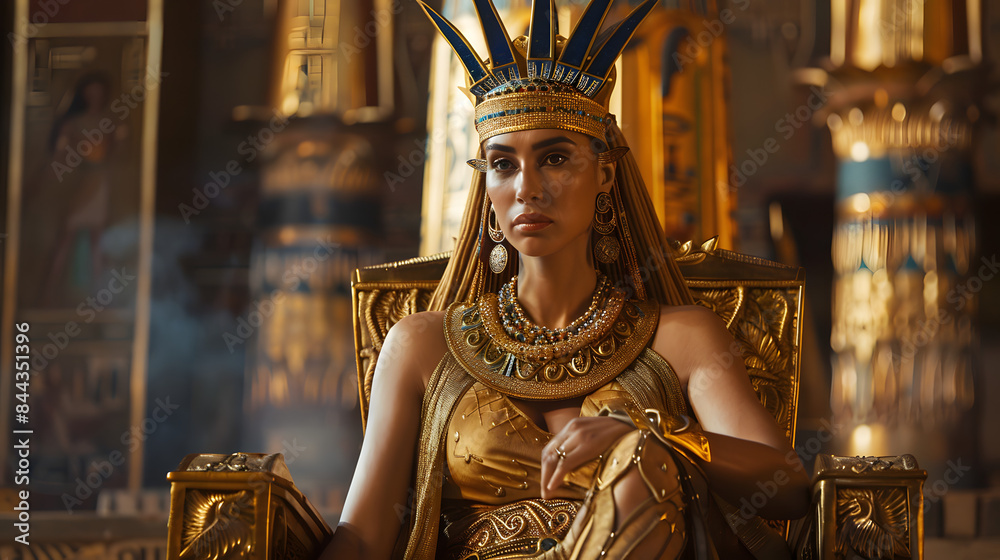 Cleopatra sitting on her throne in an Egyptian palace. wearing gold and ...