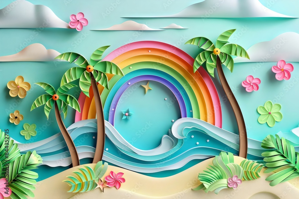 3D summer beach scene with palm trees and rainbow layered paper art ...