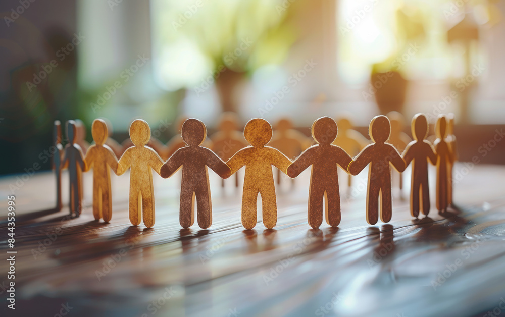 Wooden figurines holding hands in a circle, symbolizing unity, teamwork, and community in a ...