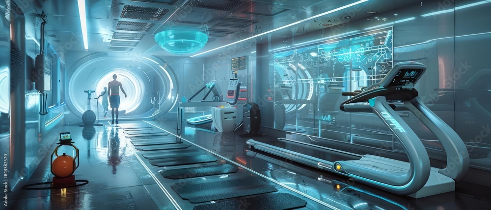 Hightech conditioning equipment being used by athletes in a futuristic ...