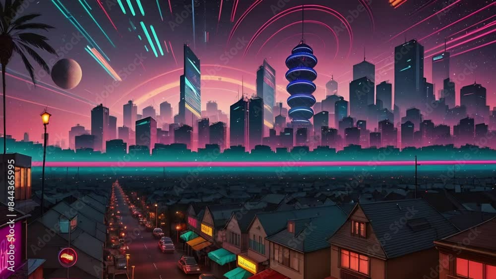 Futuristic urban animation of cyberpunk cityscape with high skyscrapers ...