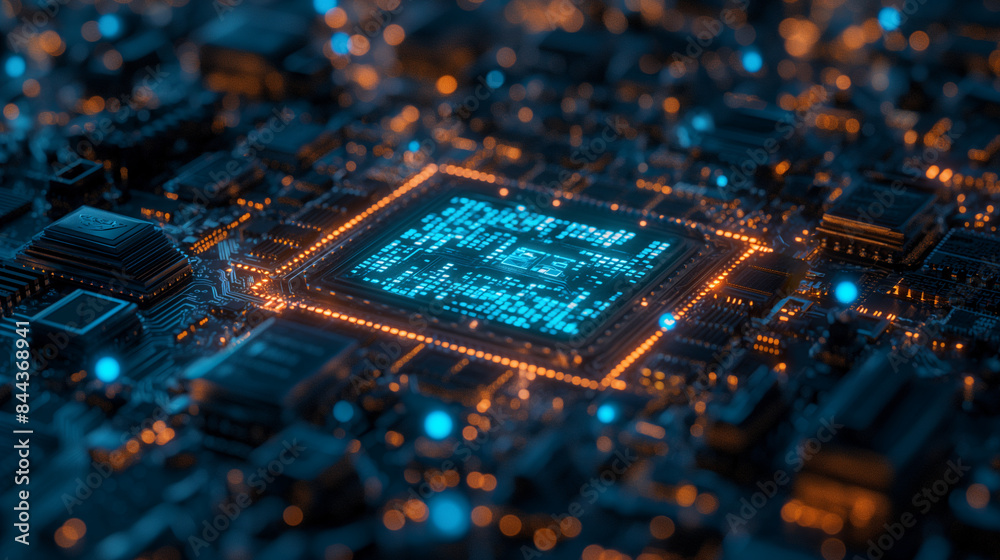 Circuit board and code orange and blue technology background PCB ...