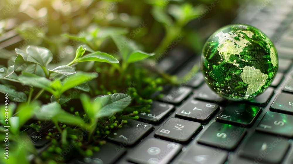 Technology with nature concept Laptop keyboard with a green globe on it ...
