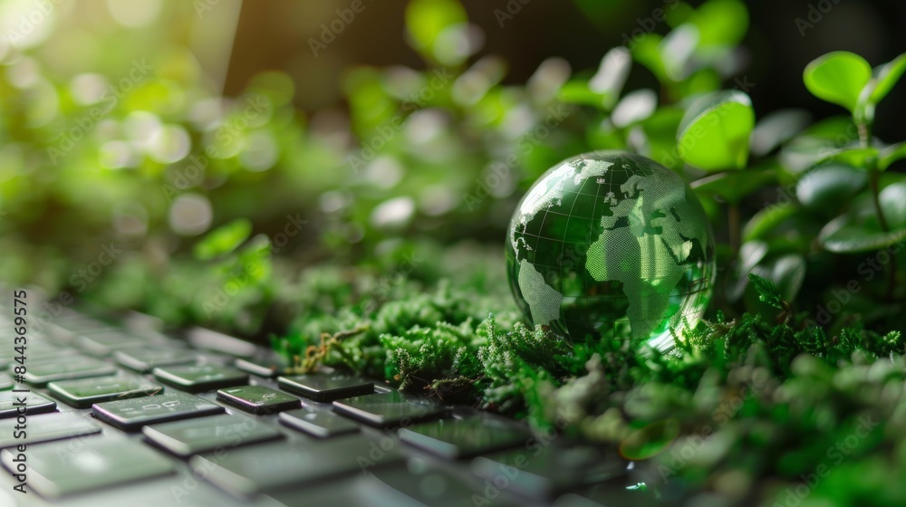 Technology with nature concept Laptop keyboard with a green globe on it ...