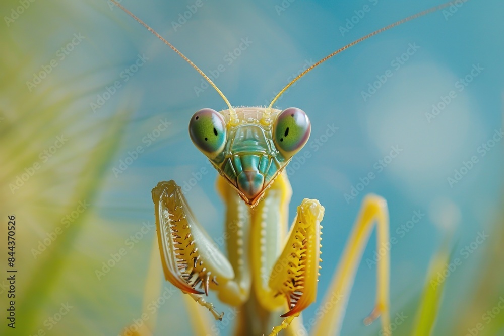 High-resolution macro shot of a praying mantis clinging to a blade of ...