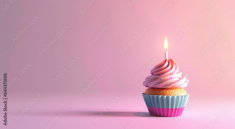Cupcake with candle on pastel background, banner design. Birthday ...