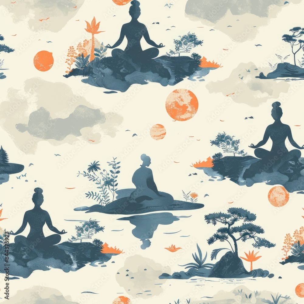 Design a seamless background with yoga poses and serene landscapes ...