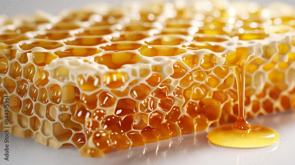 A detailed shot of a honeycomb structure with golden honey oozing out ...