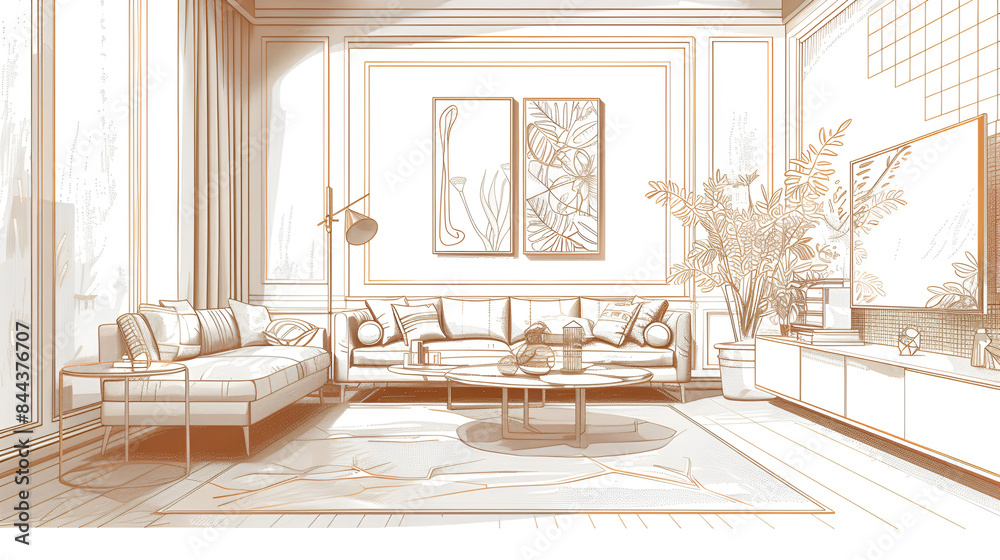 Architectural Drawings vector interior, living room illustration, sofa ...