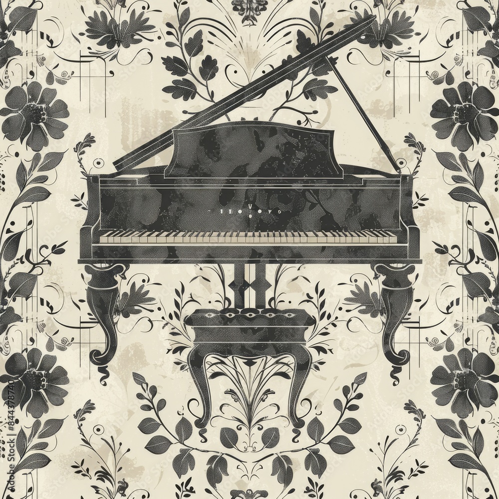 Produce a tileable background of elegant classical music motifs with ...