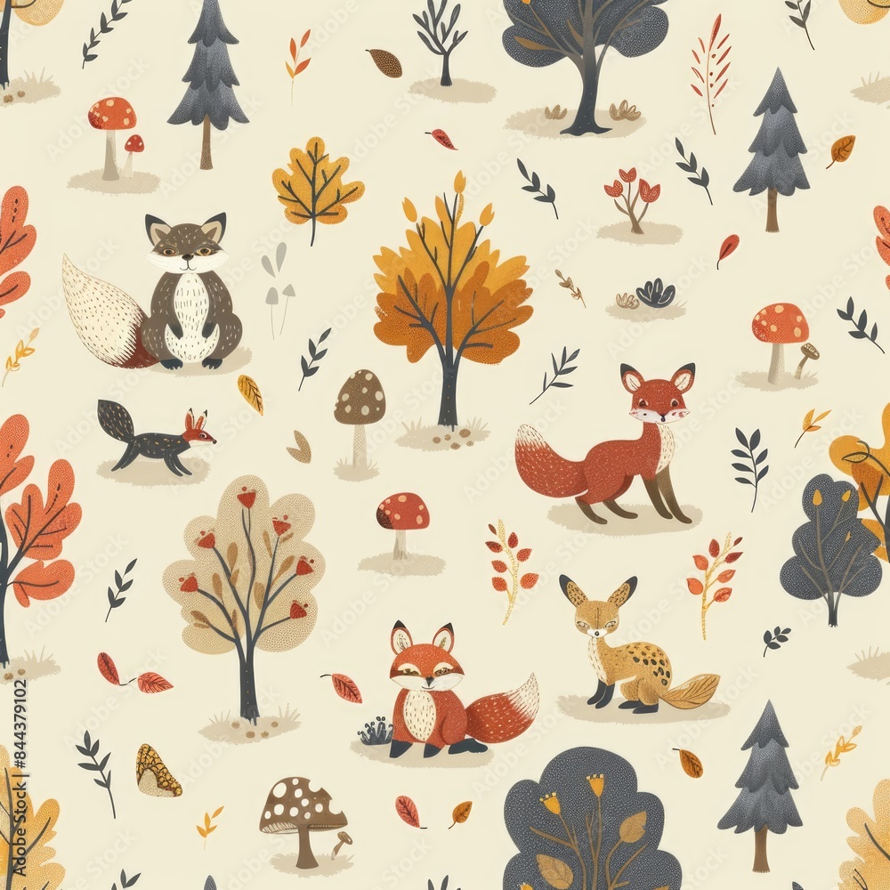 Generate a tileable background featuring woodland creatures and fall ...