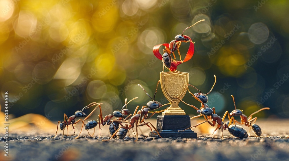 High-resolution photo depicting a team of ants collaborating to lift a ...