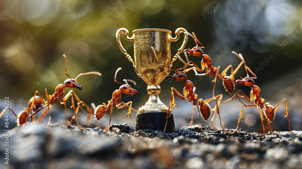 Realistic depiction of a team of ants working in unison to raise a gold ...