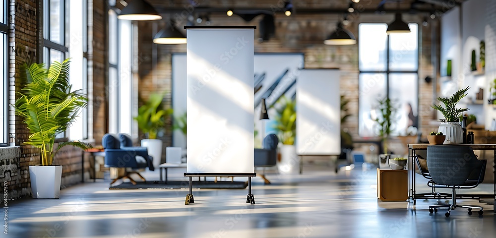 Small square blank roll-up standee banners in a creative studio's open ...