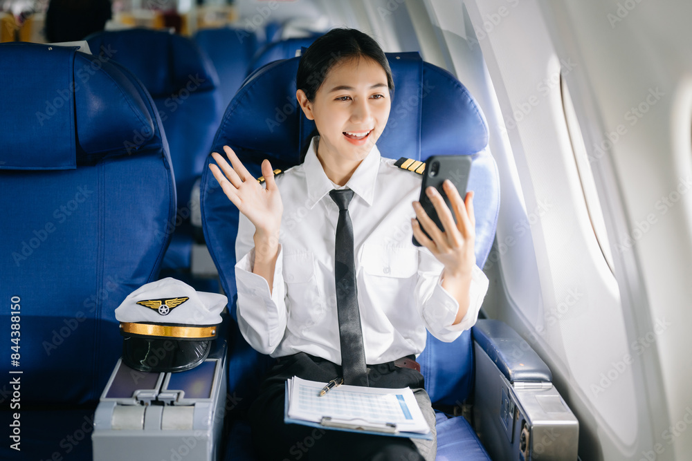 Asian Confident Female pilot in uniform leaning at the passenger seat ...