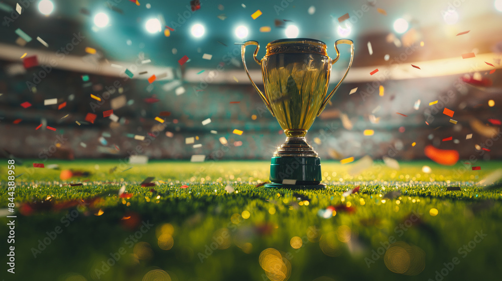 Trophy, sports ball background On the field in the football stadium to ...