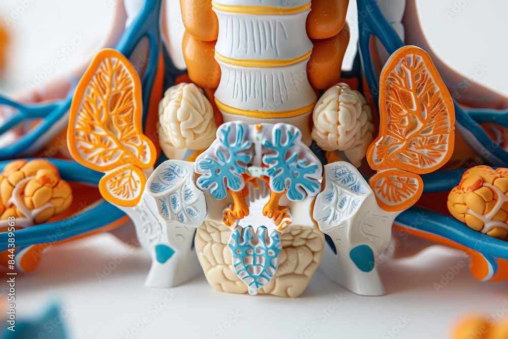 A plastic model of the endocrine system, highlighting glands like the ...