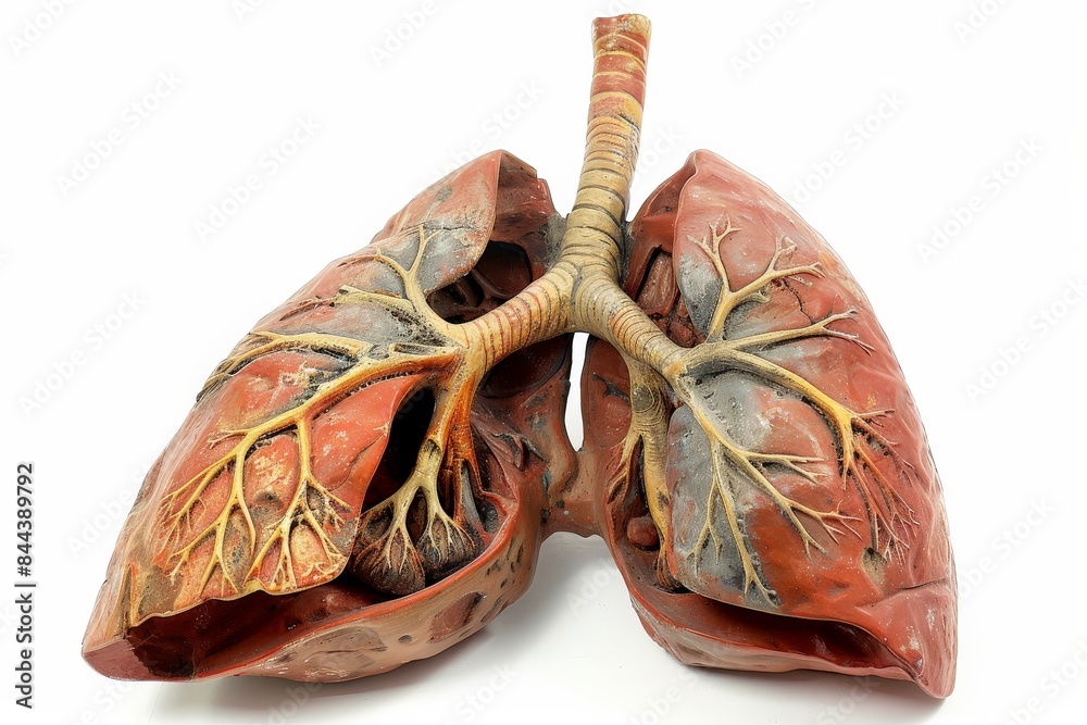 A realistic photo of a plastic model of the respiratory system, showing ...