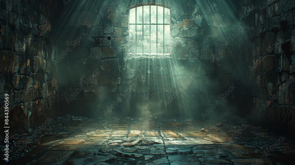 viewed from the front representing a stone prison dungeon, somewhat ...