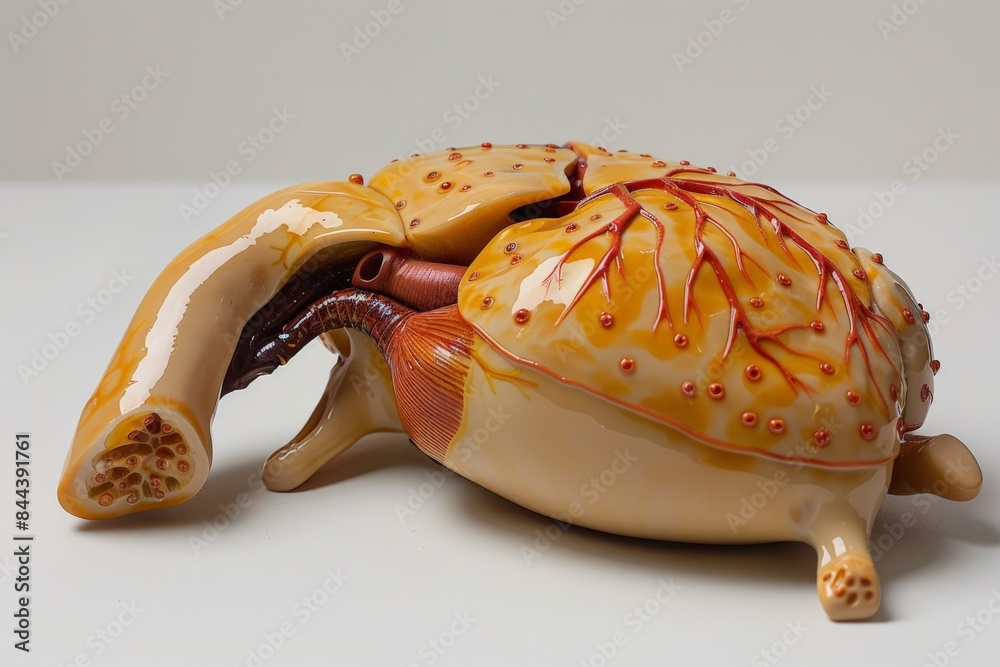 A plastic model of the gallbladder, highlighting its relationship to ...