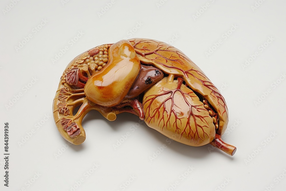A plastic model of the gallbladder, highlighting its relationship to ...