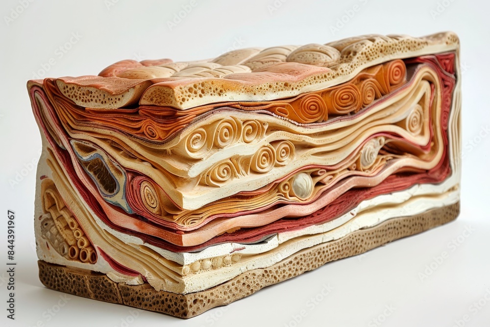 A detailed plastic model of human skin, showing the layers from the ...