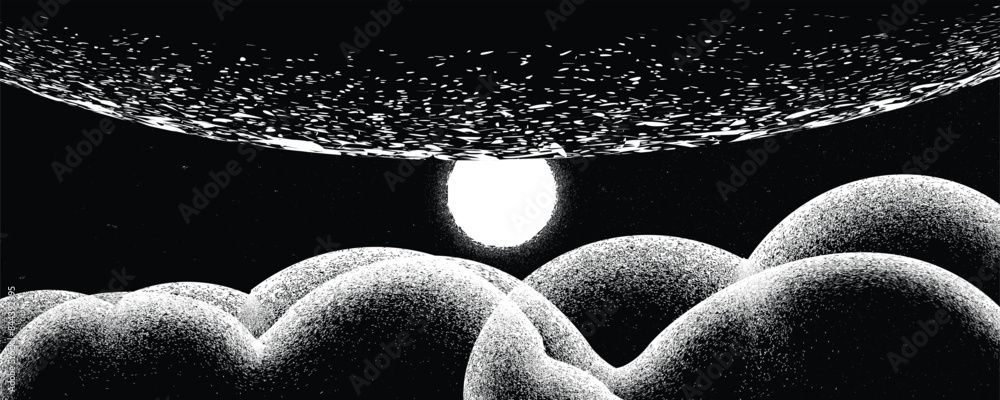 Star and planet in space. Futuristic landscape, with noise texture ...