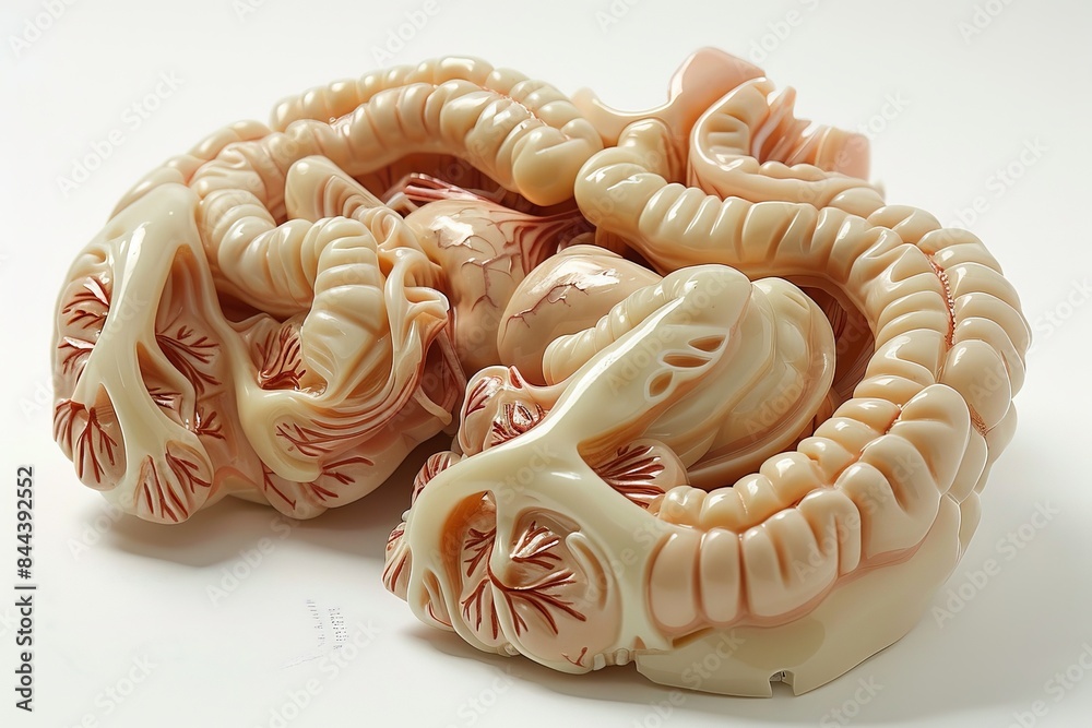 A detailed plastic model of the human large intestine, showing its ...