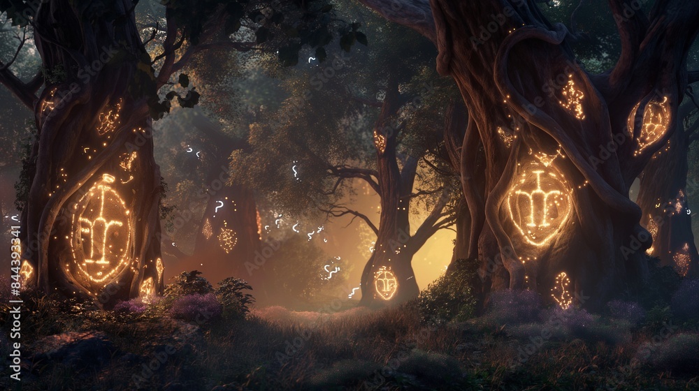 An enchanted forest where the trees have dramatical fonts carved into ...